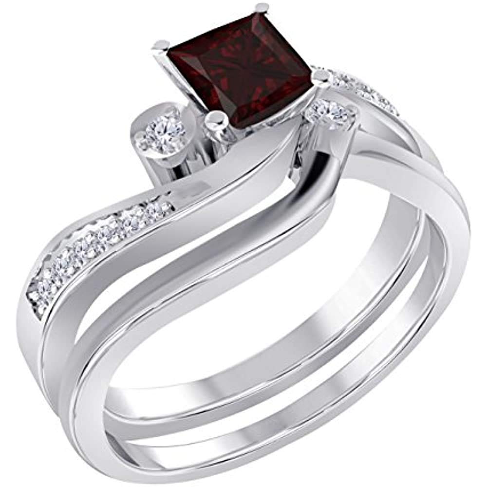 Ritika Created Princess Cut Red Garnet & White Diamond 925 Sterling Silver in 14K Gold Over Diamond Wedding Engagement Bridal Ring Set for Women