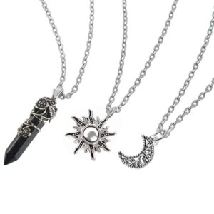 MJartoria Gothic Necklaces Chakra Sun and Moon Charm Pendant Layered Choker Necklace Set Gothic Jewelry for Women (Black, Vintage Flower)