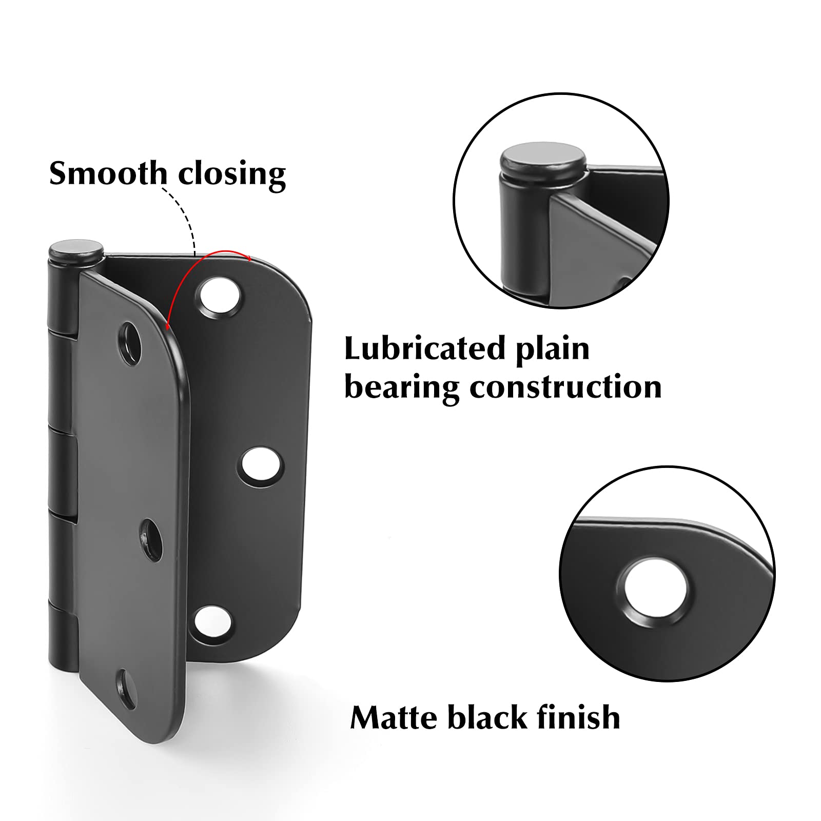 Haidms Noise-Free Interior Door Hinges Matt Black 3.5 Inch with 5/8" Radius Corner Black Steel Removable Pin, 24 Pack