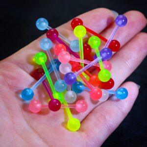 CM Crareesi Mania Glow in the Dark Nipple Bars 20Pieces Tongue Piercing Bars Acrylic Nipple Bars for night Plastic Tongue Barbells