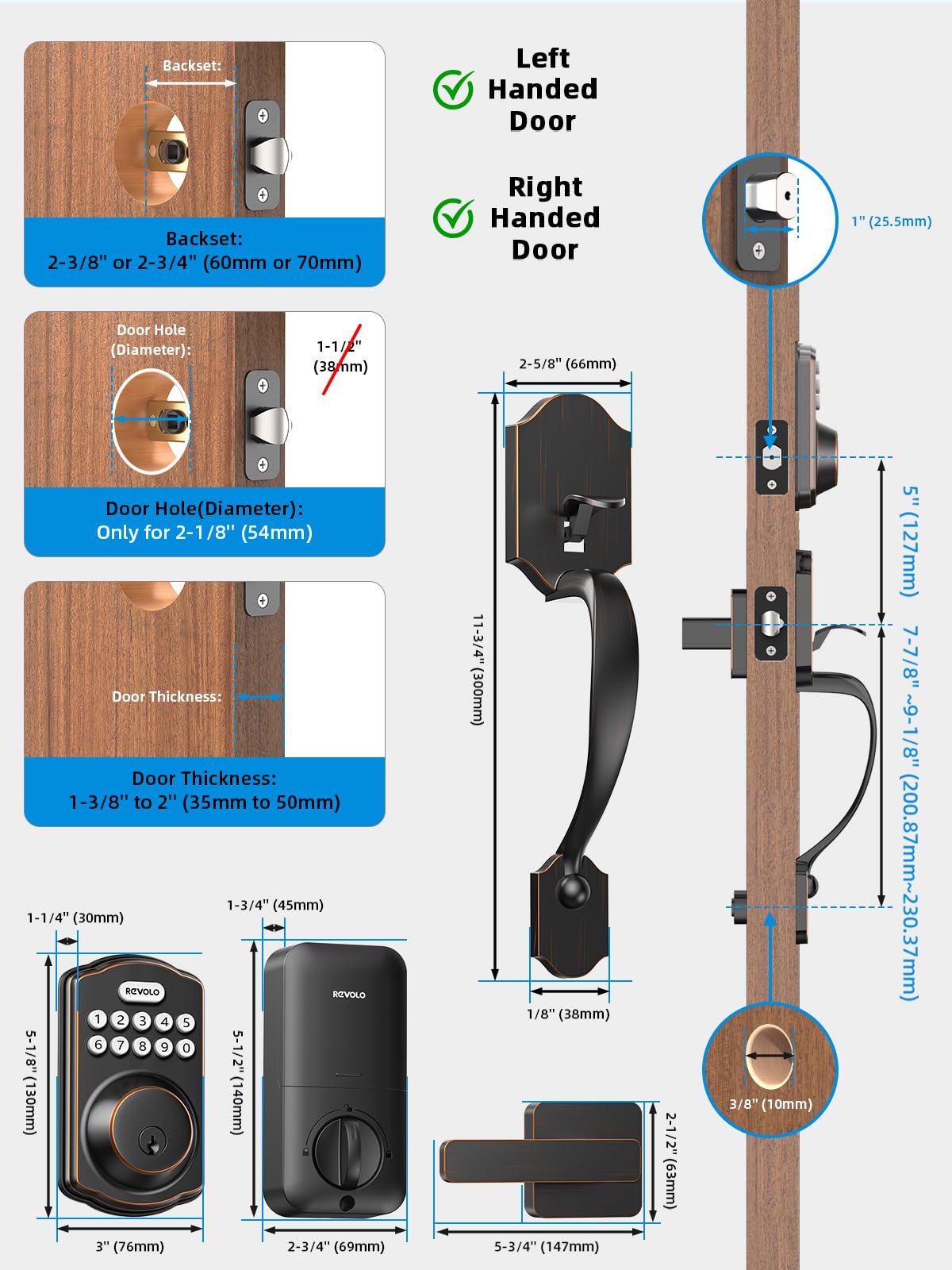 Revolo RE001 Electronic Keypad Deadbolt, Keyless Entry Door Lock, Keyed Entry, Auto Lock, Smart Lock with Handle, Front Door Handle Sets, Anti-Peeking Password, Oil-Rubbed Bronze