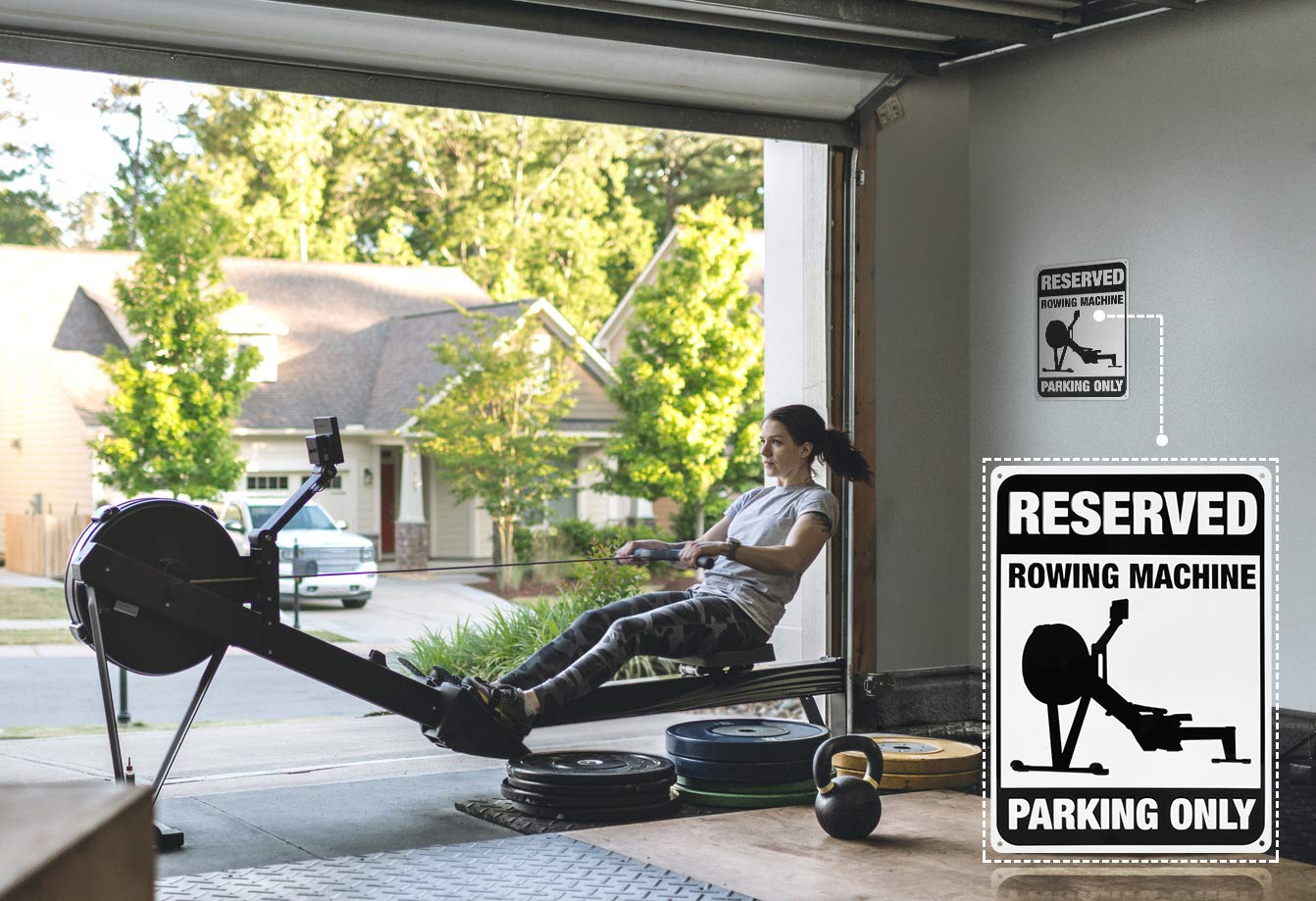 Rowing Machine Parking Embossed Tin Sign ideal for Rowing Machine Accessories, Home Gym Rowers, Rowing Clubs, and more (BLACK)