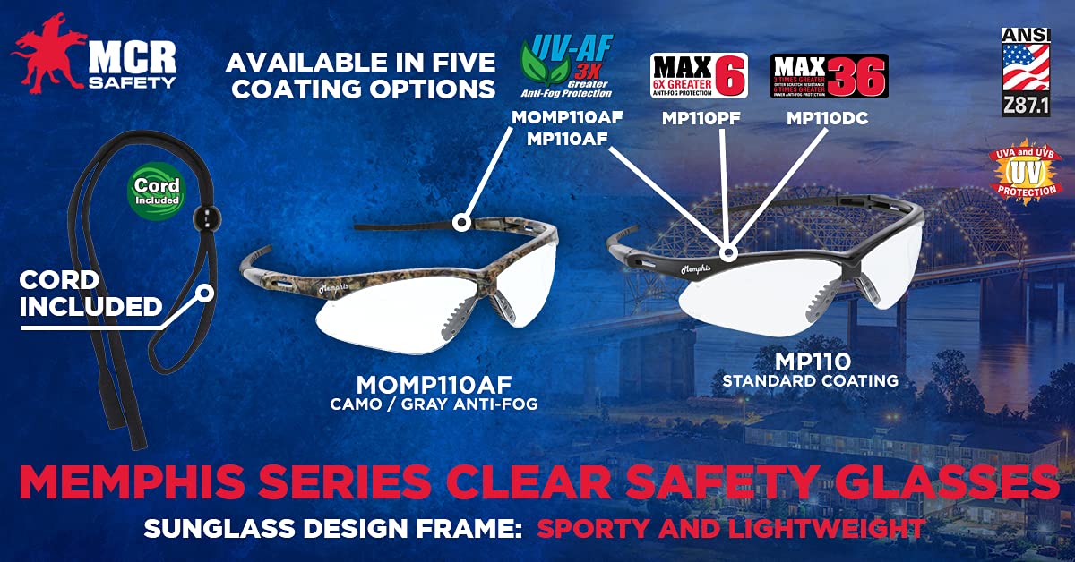 MCR Safety Memphis Series MOMP110AF Safety Glasses, Eye Protection, Mossy Oak Frame, Clear UV-AF Anti-Fog Lens