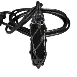 tumbeelluwa hexagonal black obsidian crystal points pendant necklace for unisex wrapped stone wand pendant with adjustable cord