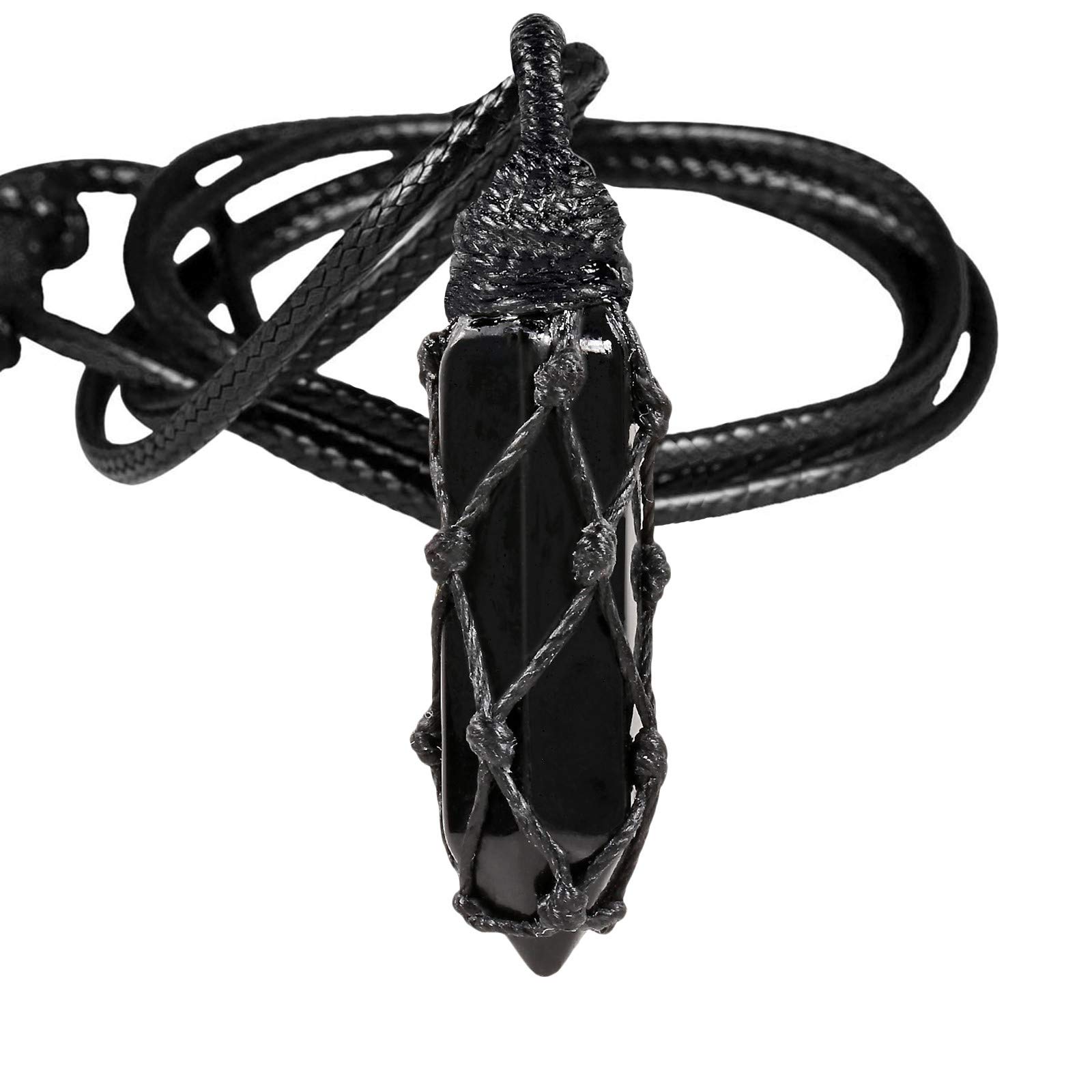 TUMBEELLUWA Hexagonal Black Obsidian Crystal Points Pendant Necklace for Unisex Wrapped Stone Wand Pendant with Adjustable Cord