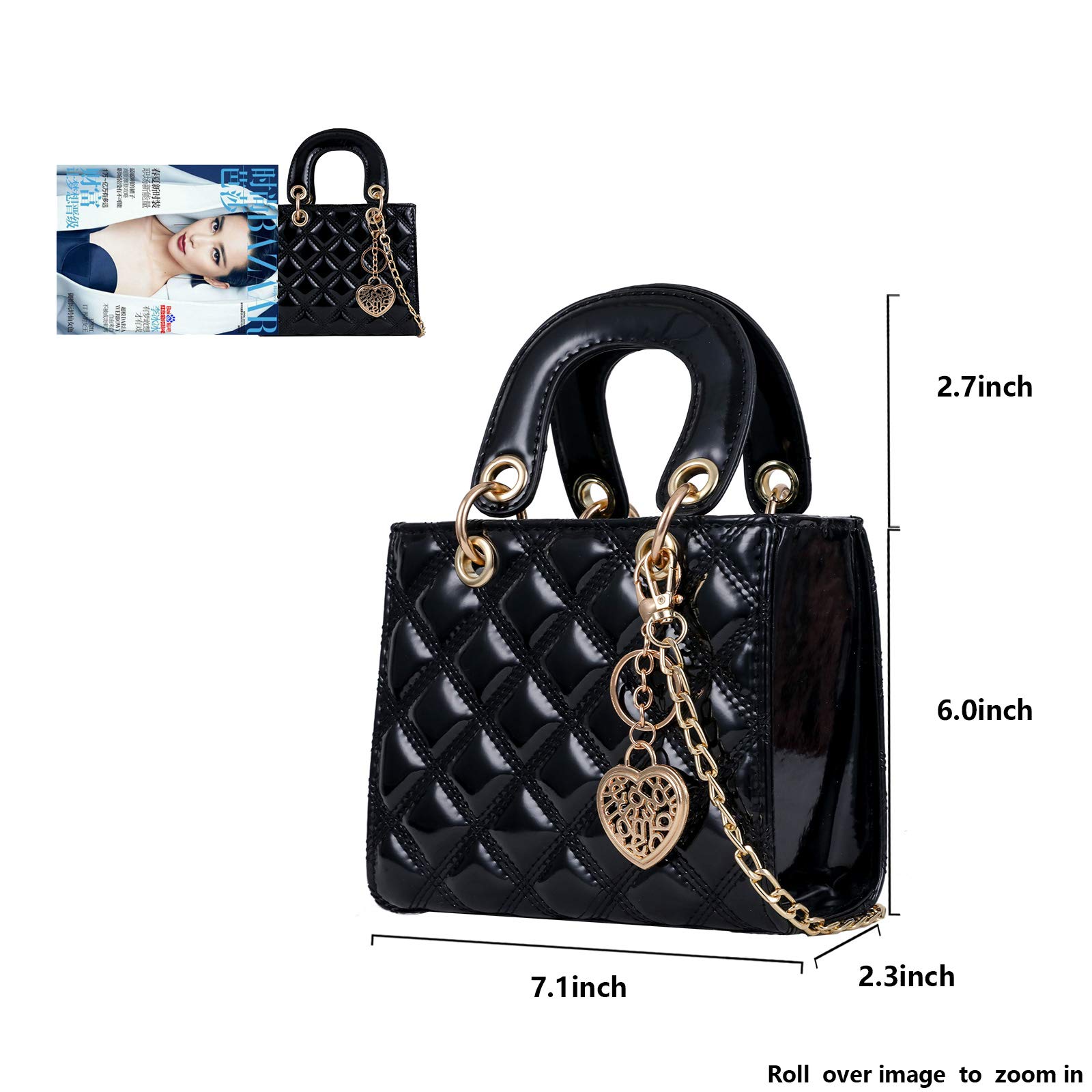 Qiayime Purses and quilted Handbags for Women Patent Leather Chain Satchel Shoulder Messenger Tote Bags Black