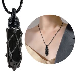 TUMBEELLUWA Hexagonal Black Obsidian Crystal Points Pendant Necklace for Unisex Wrapped Stone Wand Pendant with Adjustable Cord