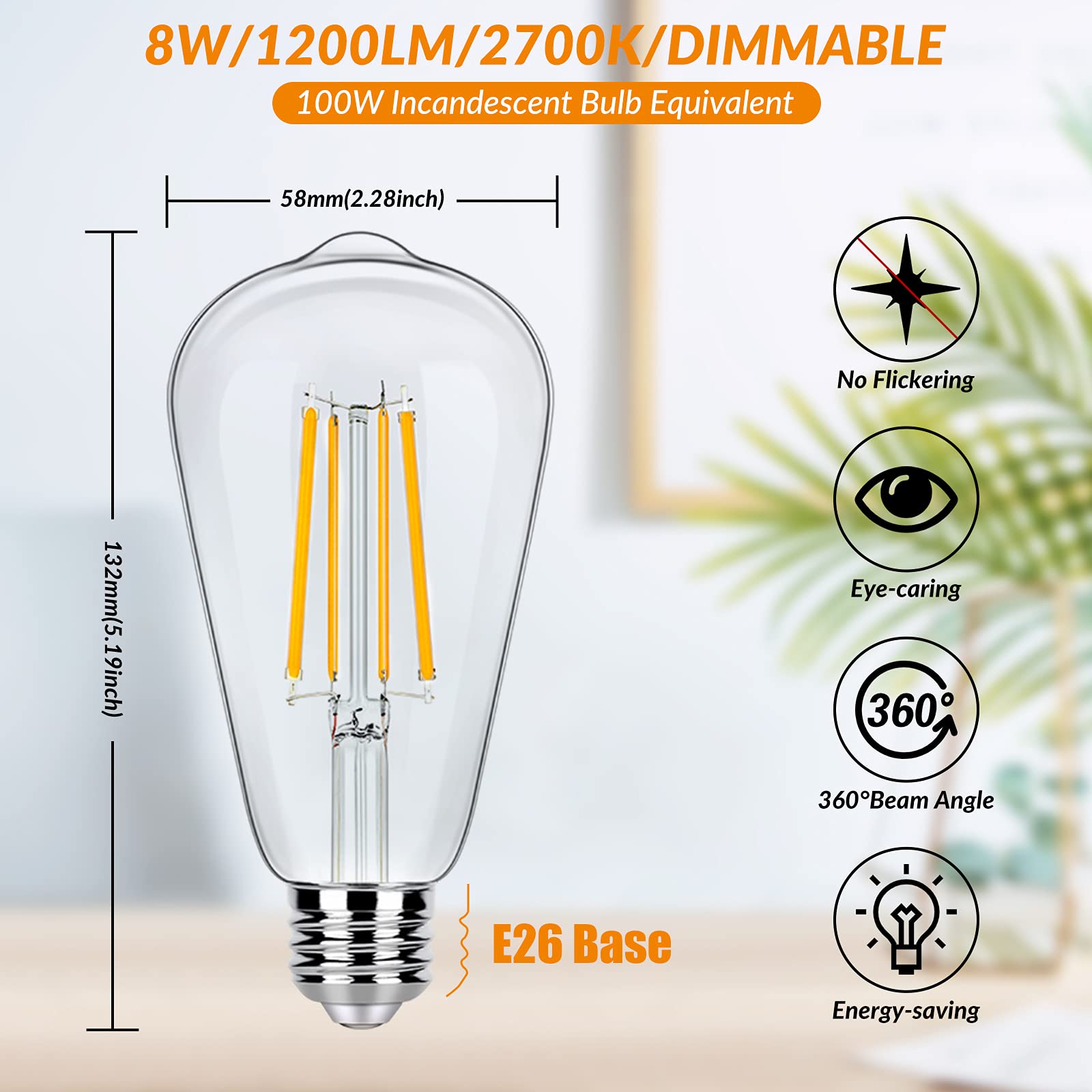 Dimmable Vintage LED Edison Light Bulbs 100W Equivalent, 8W ST58 Warm White 2700K 1200Lumens ST19 Antique LED Filament Bulbs, E26 Base, Clear Glass, CRI90+, Great for Home Bathroom Kitchen(4 Pack)