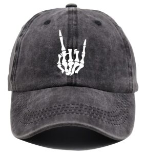 skeleton hand hat, skull finger baseball cap adjustable washed distressed denim for men women