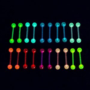 CM Crareesi Mania Glow in the Dark Nipple Bars 20Pieces Tongue Piercing Bars Acrylic Nipple Bars for night Plastic Tongue Barbells