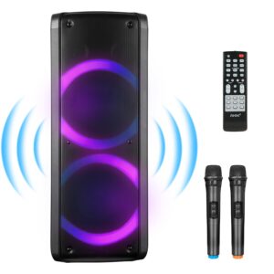 rhm k118 karaoke machine with led light for 8 colors change, two wireless microphones, support 2 extra wire microphones connection/tws/bluetooth/aux/usb/rec/tf card for home/party/camping/outdoor