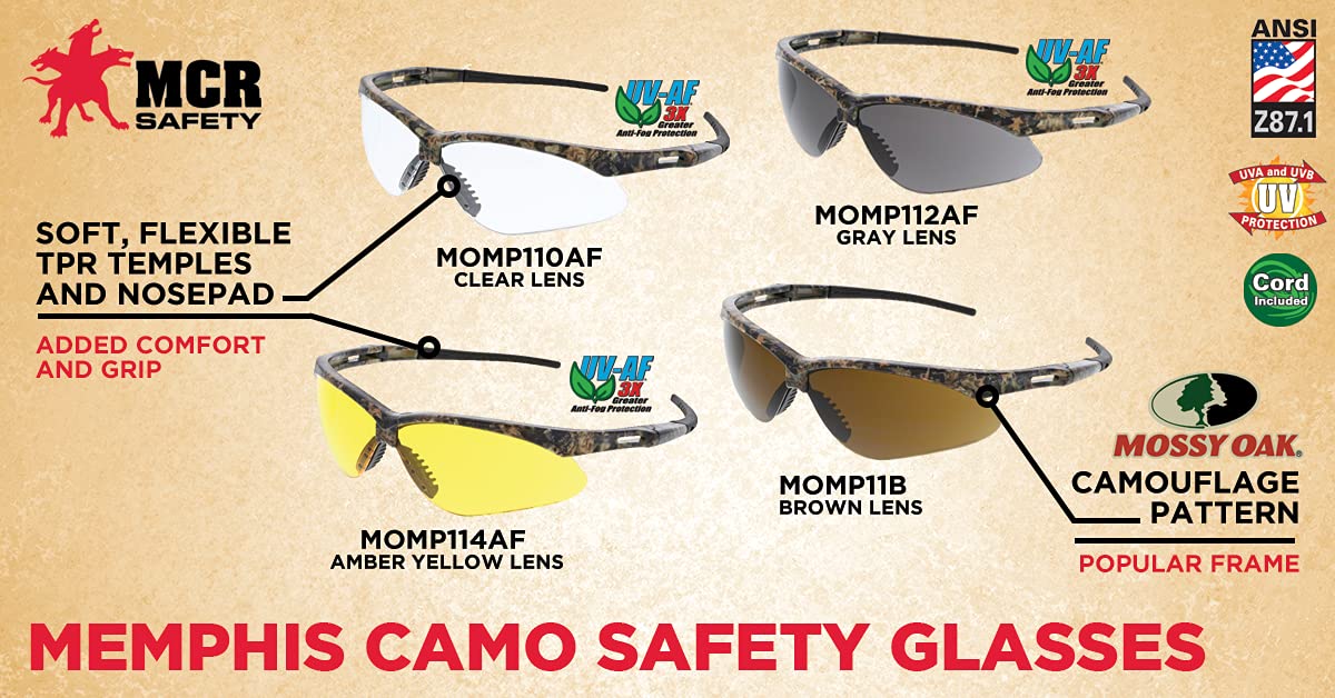 MCR Safety Memphis Series MOMP110AF Safety Glasses, Eye Protection, Mossy Oak Frame, Clear UV-AF Anti-Fog Lens