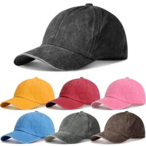 7 pieces unisex vintage washed distressed baseball hat baseball cap twill adjustable dad hat (yellow, black, pink, wine red, coffee, green, lake blue)