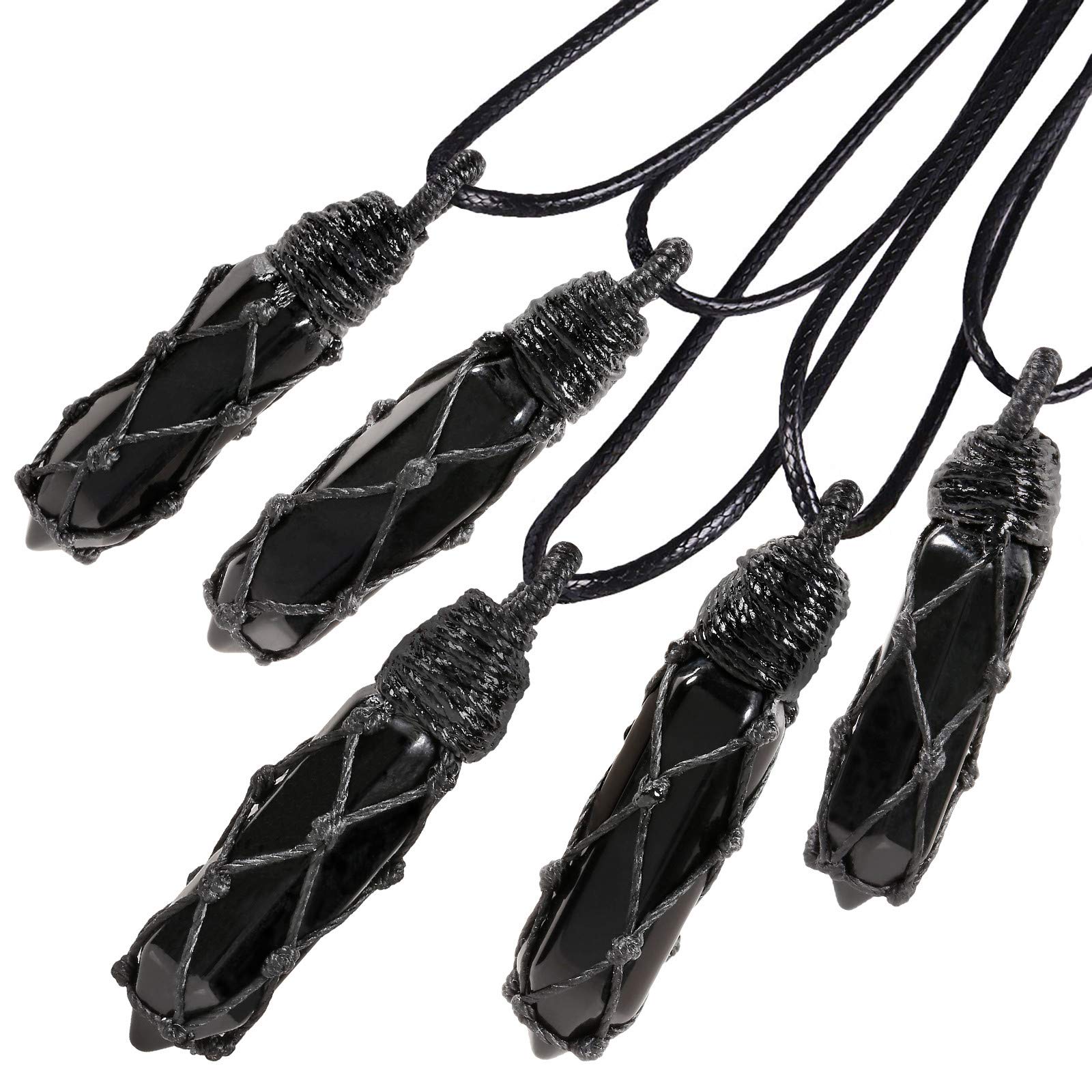 TUMBEELLUWA Hexagonal Black Obsidian Crystal Points Pendant Necklace for Unisex Wrapped Stone Wand Pendant with Adjustable Cord