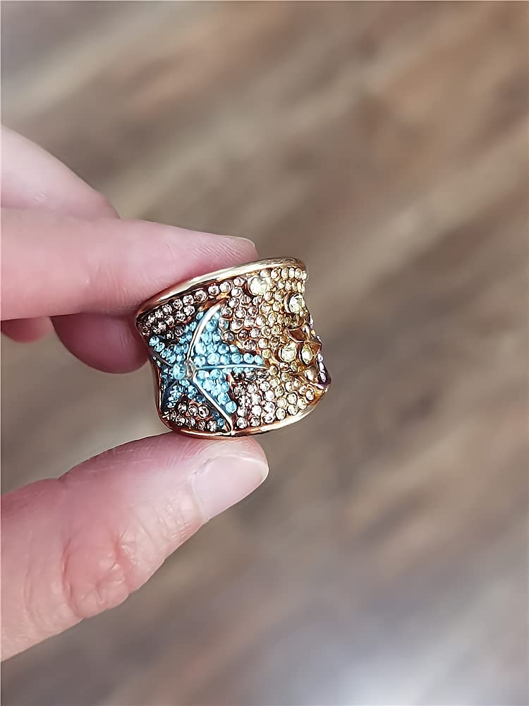 Ocean Starfish Statement Ring for Women Girls Wide Gold Vintage Blue Purple Crystal CZ Band Cocktail Party Rings Big Chunky Antique Exaggerated Jewelry Dainty Gift