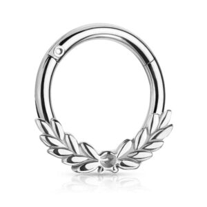 pierced owl 16ga stainless steel laurel leaves front septum cartilage helix daith hinged segment clicker ring (silver tone)