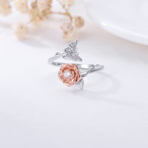 WINNICACA Butterfly Rose Ring 925 Sterling Silver Rose Flower Butterfly Rings for Women Adjustable Wrap Open Rings Jewelry Gifts for Women Her Bride Bride Birthday Gifts