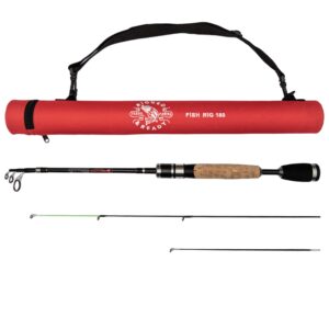 rigged and ready super-light telescopic travel fishing rod tele spin pole 180cm (5’ 11”) +160cm (5’ 4”) lengths 2 tips cast weights 0-15 (1/3), 10-30g (2/3oz). fish rig 180