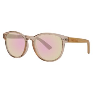 piranha aerial women's round bamboo sunglasses with pink crystal frame & mirrored lenses