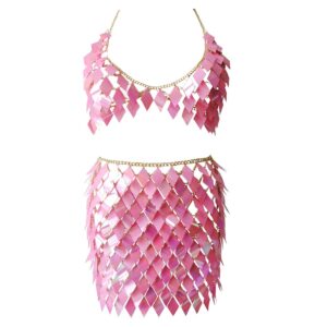 sinkcangwu womens body chain harness belly chain bra jewelry suit sexy necklace skirt bikini for beach party, pink