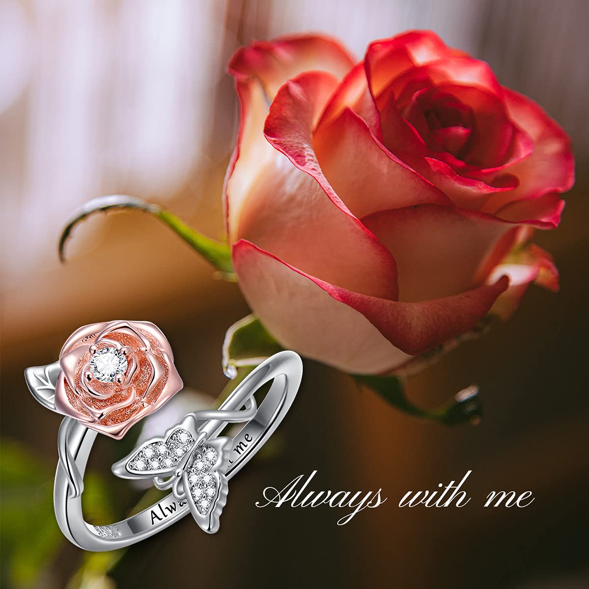 WINNICACA Butterfly Rose Ring 925 Sterling Silver Rose Flower Butterfly Rings for Women Adjustable Wrap Open Rings Jewelry Gifts for Women Her Bride Bride Birthday Gifts