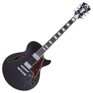 d'angelico 6 string semi-hollow-body electrical guitar, right, black flake (dapssblfcs)