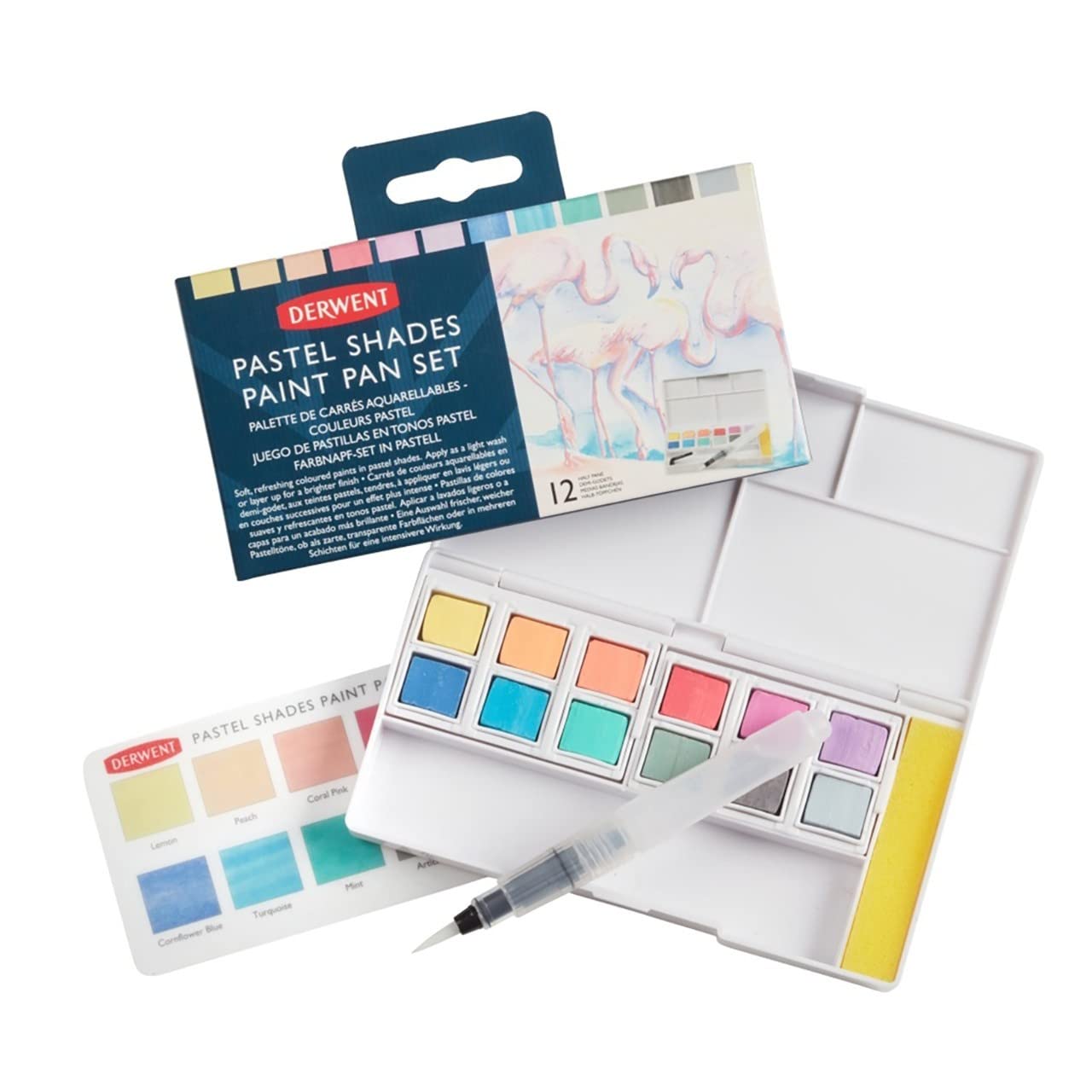 Derwent Pastel Shades Paint Set, Professional Quality Long Lasting Colors, Highly Pigmented Palette, Portable, Travel Set Includes 12 Paint Pans, Mini Waterbrush, Mixing Palettes, Sponge