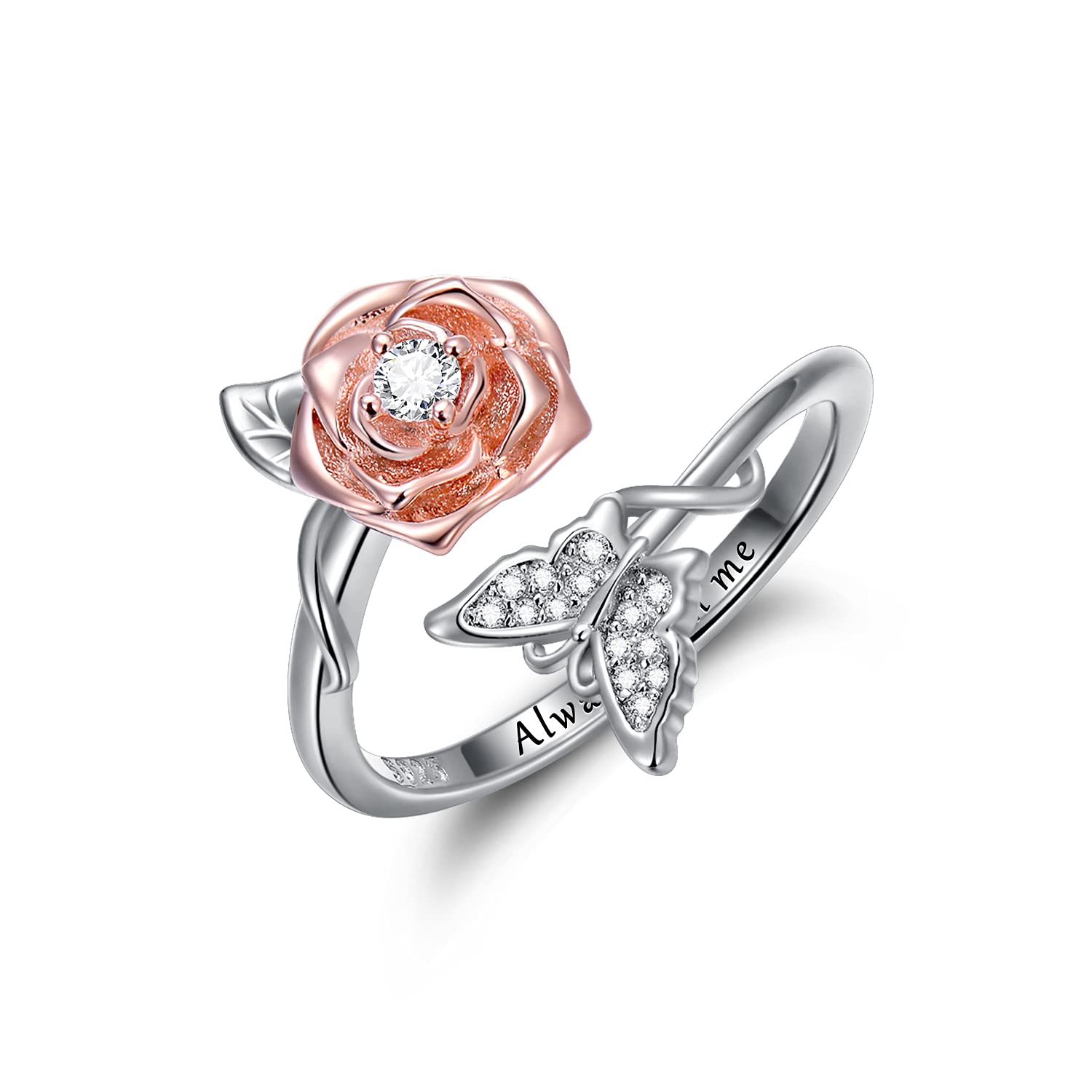 WINNICACA Butterfly Rose Ring 925 Sterling Silver Rose Flower Butterfly Rings for Women Adjustable Wrap Open Rings Jewelry Gifts for Women Her Bride Bride Birthday Gifts