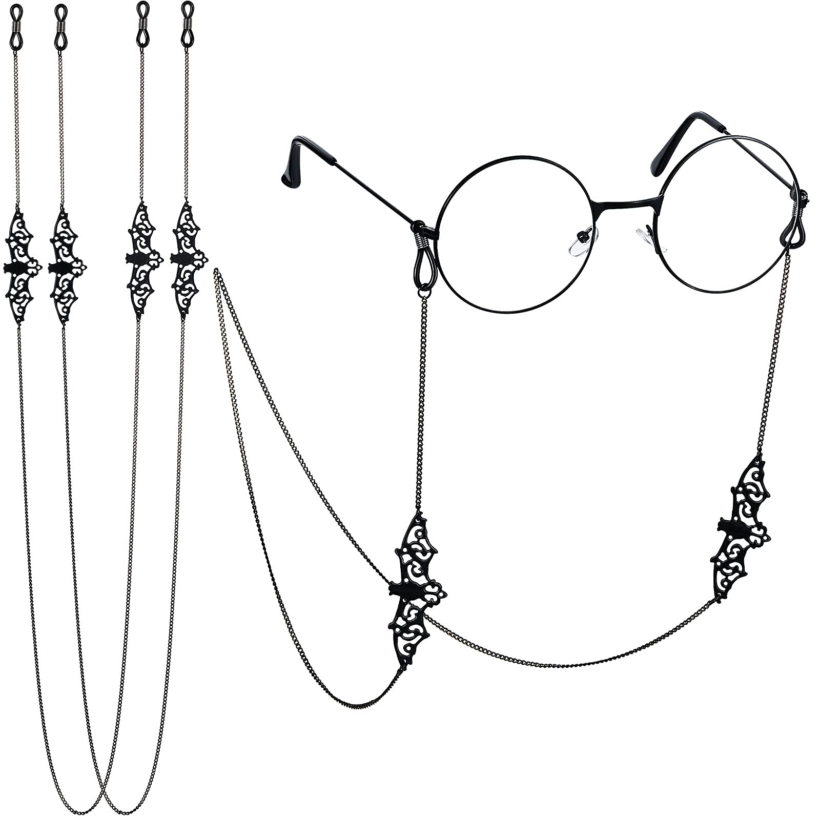 Frienda 2 Pieces Glass Chains Halloween Bat Glasses Chain Goth Sunglasses Eyeglass Necklace Eyewear Reading Black Bat Glasses Retainer Strap Holder Lanyards Halloween Party Accessories for Women Men