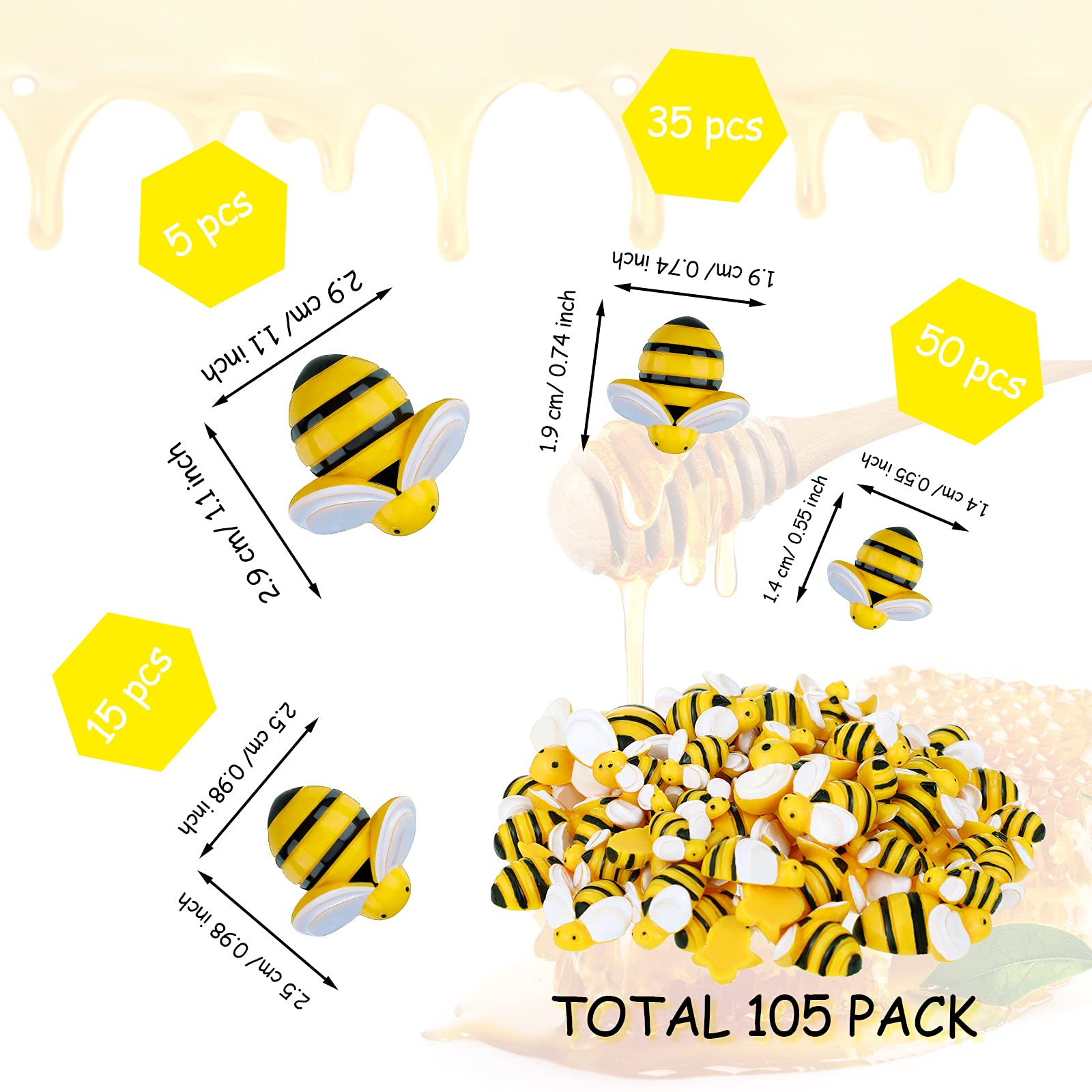 Waydress 105 Pieces Tiny Resin Bees Decor Honeybee Shape Resin Crafts Bumble DIY Bee Embellishments with Storage Box for Home Party Handicrafts Making Decorations, 4 Sizes