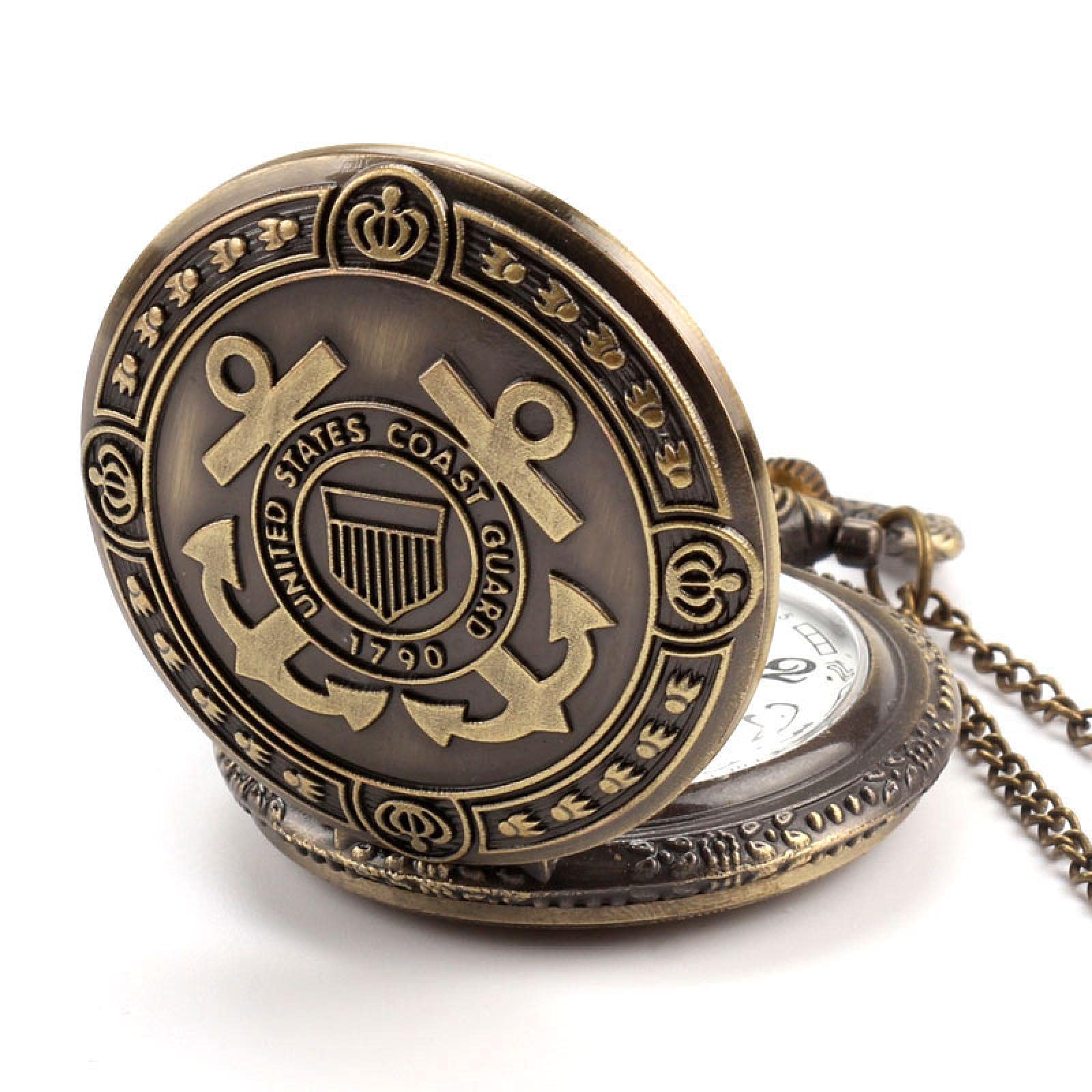 Akopiuto Coast Guard Pocket Watch with Necklace Chain Clock Bronze Quartz Pendant Watches