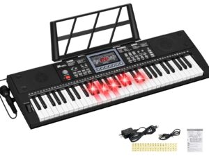 24hocl 61 keys keyboard piano lighted keys for kids teens beginners birthday best gift, electronic portable digital music piano keyboard with mic, music stand, powered by ul adapter/battery