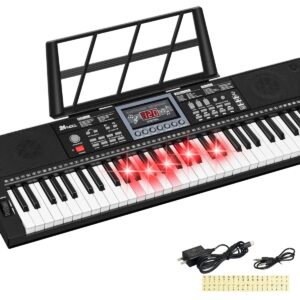 24HOCL 61 Keys Keyboard Piano Lighted Keys for Kids Teens Beginners Birthday Best Gift, Electronic Portable Digital Music Piano Keyboard with Mic, Music Stand, Powered by UL Adapter/Battery