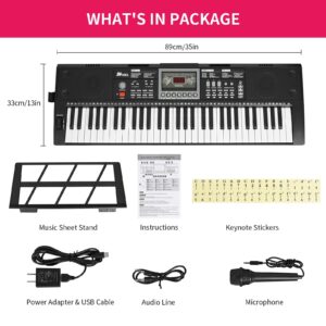 24HOCL 61 Keys Keyboard Piano Lighted Keys for Kids Teens Beginners Birthday Best Gift, Electronic Portable Digital Music Piano Keyboard with Mic, Music Stand, Powered by UL Adapter/Battery