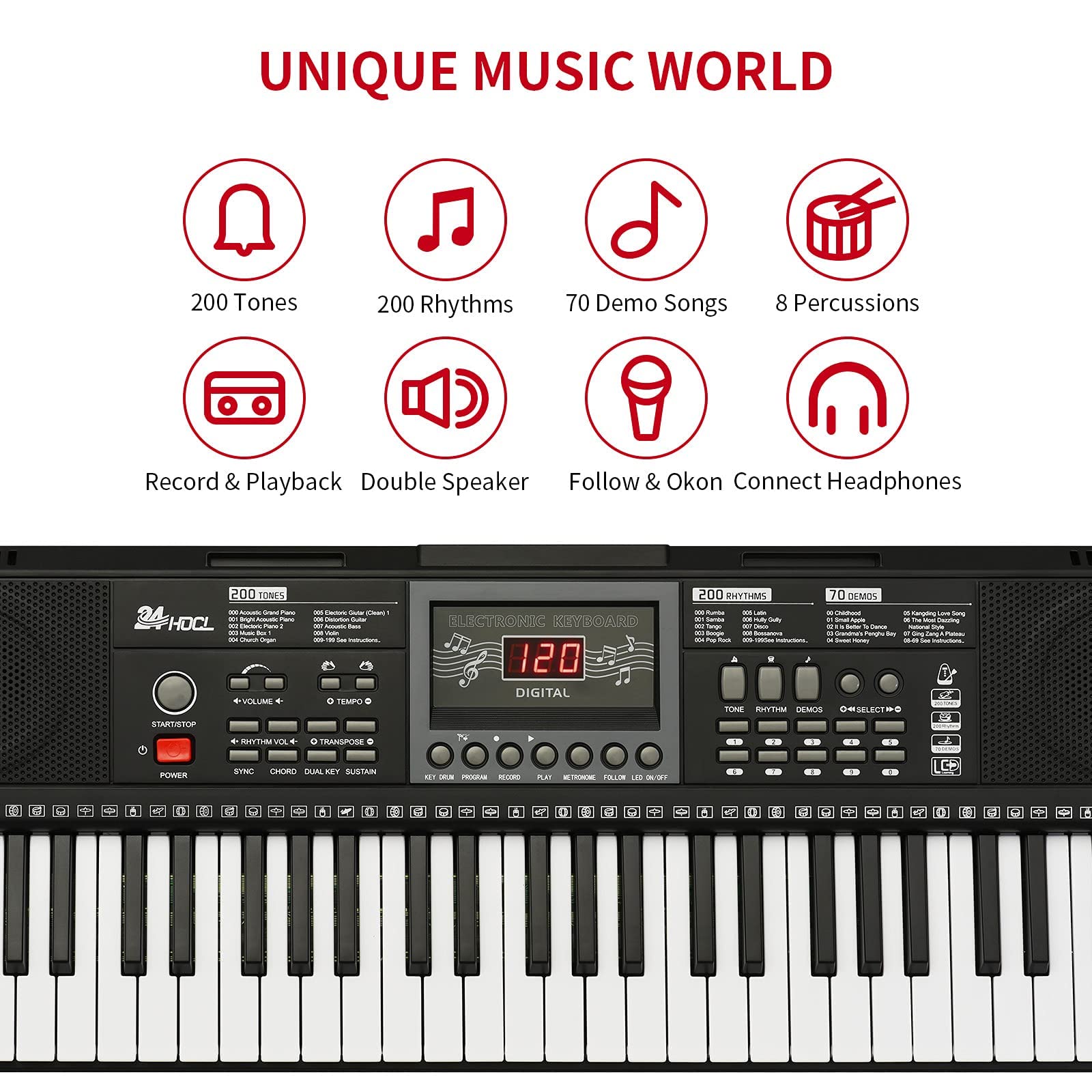 24HOCL 61 Keys Keyboard Piano Lighted Keys for Kids Teens Beginners Birthday Best Gift, Electronic Portable Digital Music Piano Keyboard with Mic, Music Stand, Powered by UL Adapter/Battery