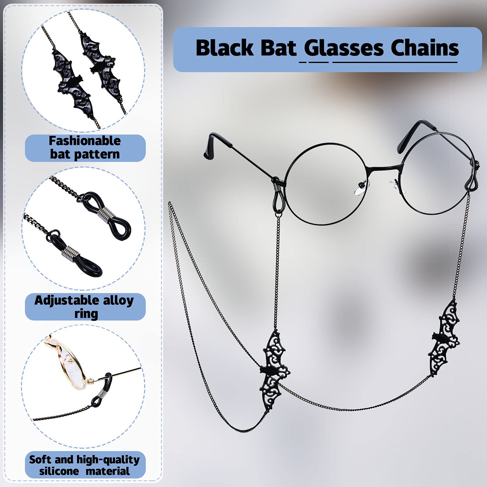 Frienda 2 Pieces Glass Chains Halloween Bat Glasses Chain Goth Sunglasses Eyeglass Necklace Eyewear Reading Black Bat Glasses Retainer Strap Holder Lanyards Halloween Party Accessories for Women Men