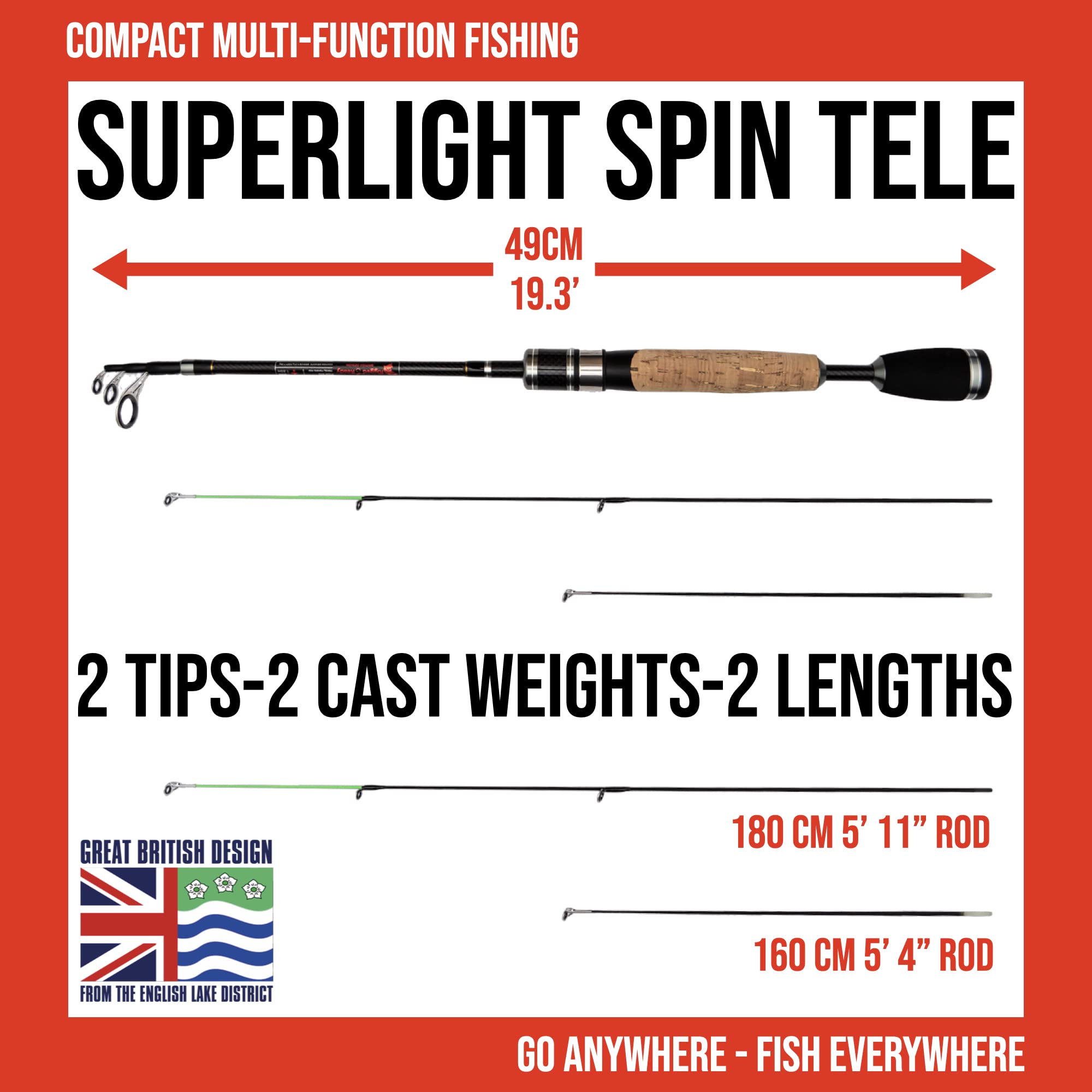 Rigged and Ready Super-Light Telescopic Travel Fishing Rod Tele Spin Pole 180cm (5’ 11”) +160cm (5’ 4”) Lengths 2 Tips cast Weights 0-15 (1/3), 10-30g (2/3oz). Fish Rig 180