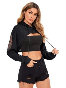 verdusa women's sheer fishnet drop shoulder drawstring hoodie crop sweatshirt black s