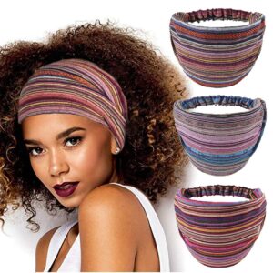 cakure boho wide headbands african head wraps stretchy hairbands stripe turban head bands for women and girls pack of 3 (set1)