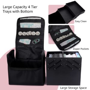 Large Makeup Carrying Train Case for Women, Black Travel Bag Storage Box,4 Tier Professional Nail Organizer Case with Adjustable Dividers for Nail Tools Jewelry MakeUp Brushes