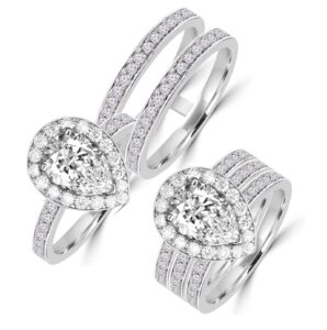 diamonbella realistic simulated diamond pear shaped halo ring double band set 2 carat solid 925 silver platinum plated dbp65