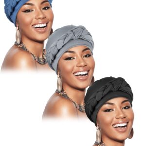 3 Pieces Head Wrap Turban Headwear Pre-Tied Twisted Braid Hair Cover Headwrap Hats for Women Girls (Black, Gray, Light Blue, Popular Style)