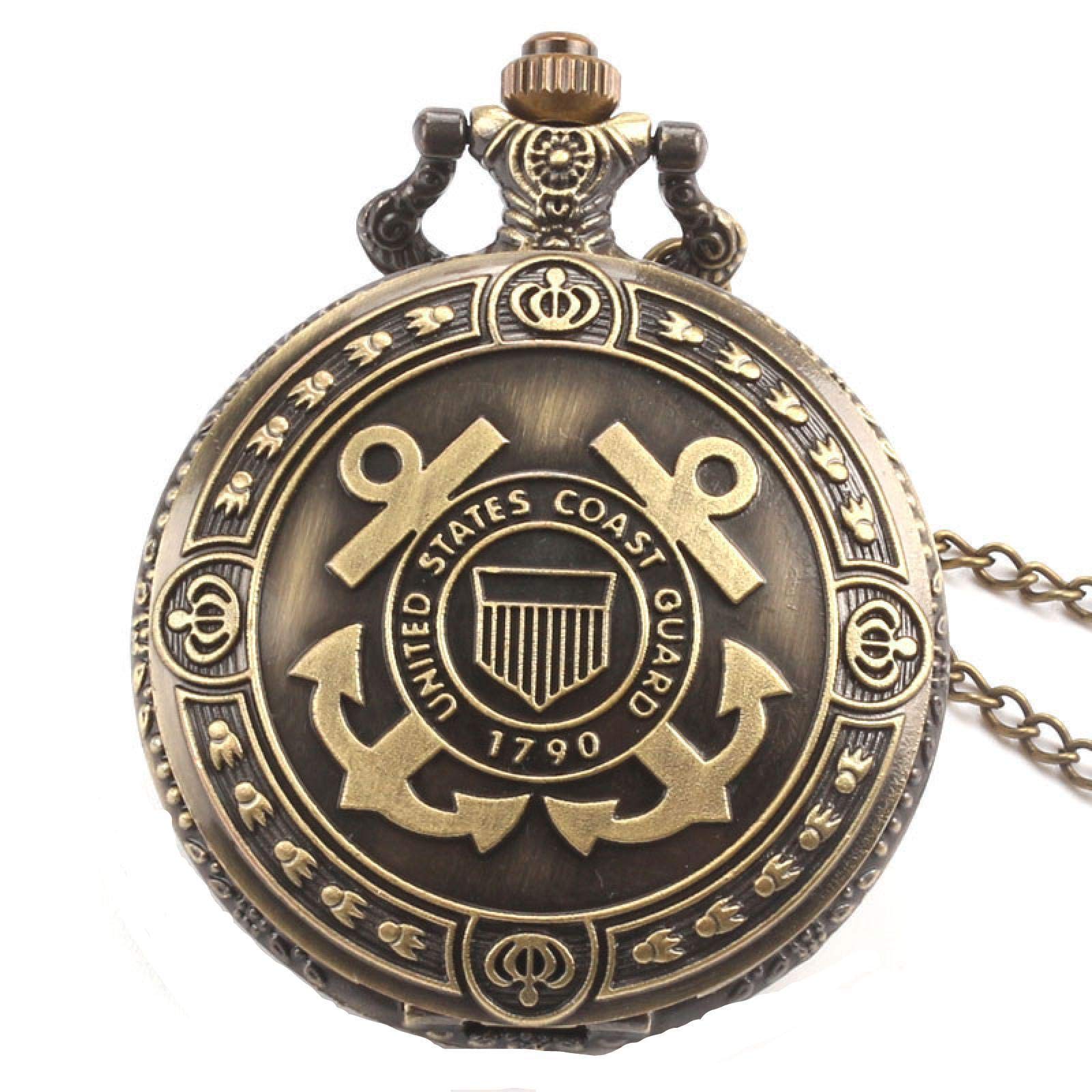 Akopiuto Coast Guard Pocket Watch with Necklace Chain Clock Bronze Quartz Pendant Watches