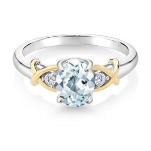 Gem Stone King 2 Tone 10K Yellow Gold and 925 Sterling Silver Sky Blue Aquamarine and White Lab Grown Diamond Ring For Women (1.28 Cttw, Available in Size 5,6,7,8,9)