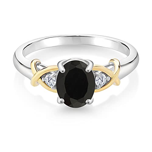 Gem Stone King 2 Tone 10K Yellow Gold and 925 Sterling Silver Black Onyx and White Lab Grown Diamond Ring For Women (1.68 Cttw, Gemstone Birthstone, Available In Size 5, 6, 7, 8, 9)