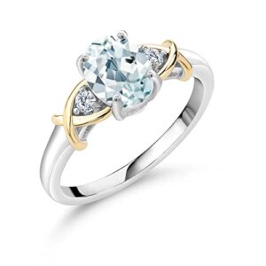 gem stone king 2 tone 10k yellow gold and 925 sterling silver sky blue aquamarine and white lab grown diamond ring for women (1.28 cttw, available in size 5,6,7,8,9)