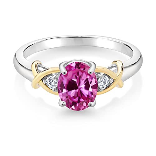 Gem Stone King 1.73 Cttw 2 Tone 10K Yellow Gold and 925 Sterling Silver Pink Created Sapphire and White Lab Grown Diamond Engagement Ring For Women | Oval 8X6MM | Available in Size 5,6,7,8,9