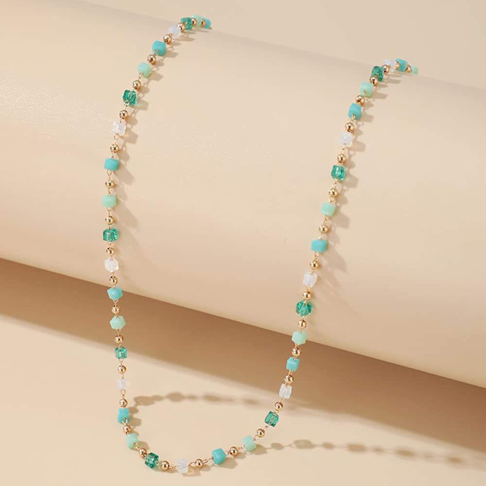 Asphinien Bohemian Beaded Choker Necklace Dainty Green Cubic Crystal Necklace Boho Summer Beach Jewelry Prom Party Festival Gift for Women Teens Girls 1