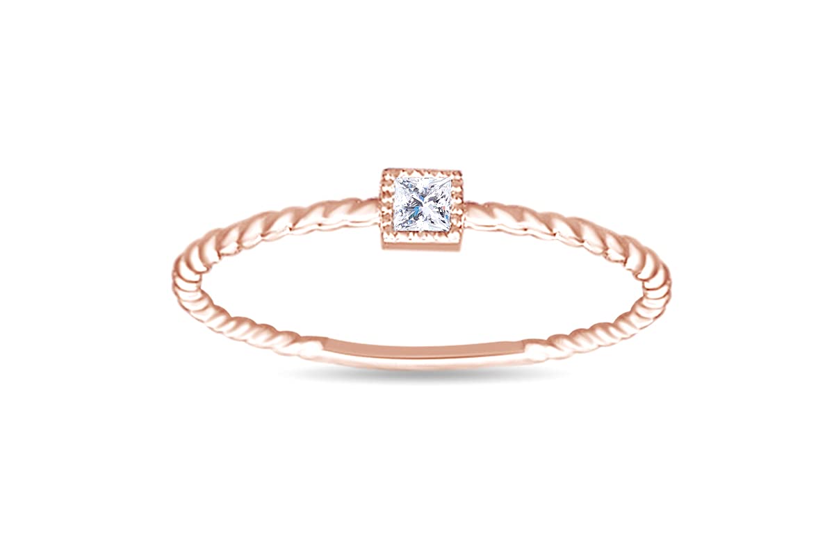 1/20CT Mini Princess-Cut Diamond Twisted Braided Band Stacking Minimalist Engagement Ring in 10k Rose Gold, 0.06 CTTW Ring Size-4