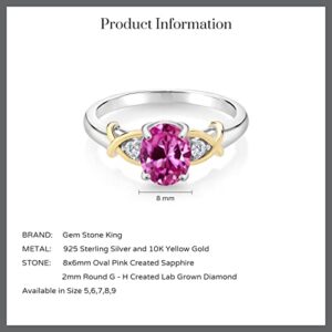 Gem Stone King 1.73 Cttw 2 Tone 10K Yellow Gold and 925 Sterling Silver Pink Created Sapphire and White Lab Grown Diamond Engagement Ring For Women | Oval 8X6MM | Available in Size 5,6,7,8,9